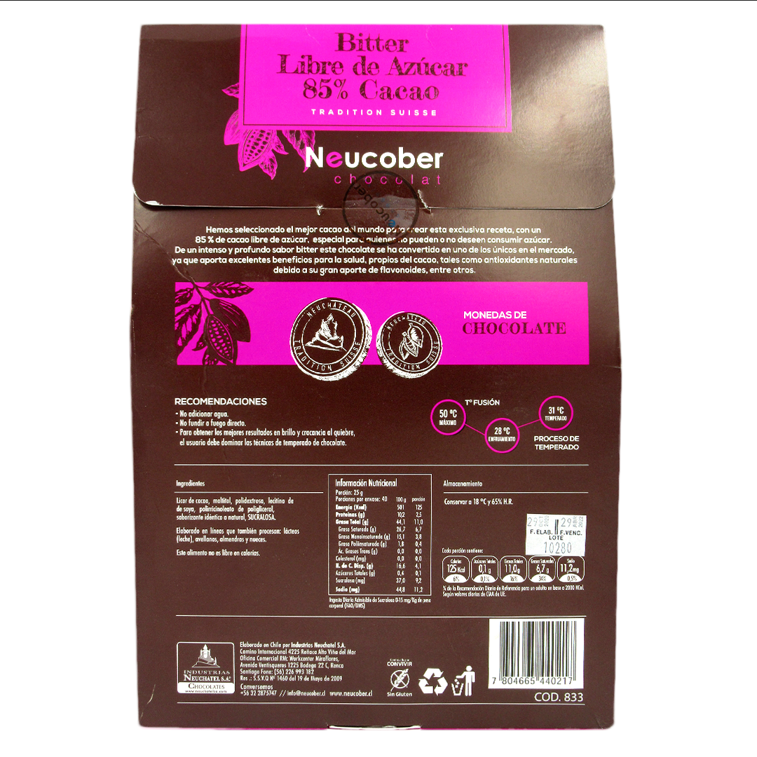 Monedas de Chocolate Bitter 85 % Cacao Vegano Sin Azucar Sin Gluten 1 ...